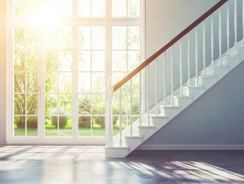 Bright Modern Interior with Staircase and Large Sunlit Windows Stock ...