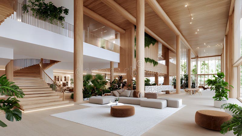 Bright Modern Interior with Open Staircase, Plants and Wooden Structures Stock Illustration ...