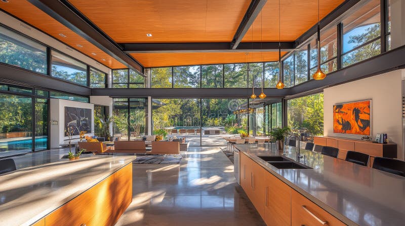Bright Modern Kitchen Featuring Exposed Beam Ceiling and Natural Wood ...