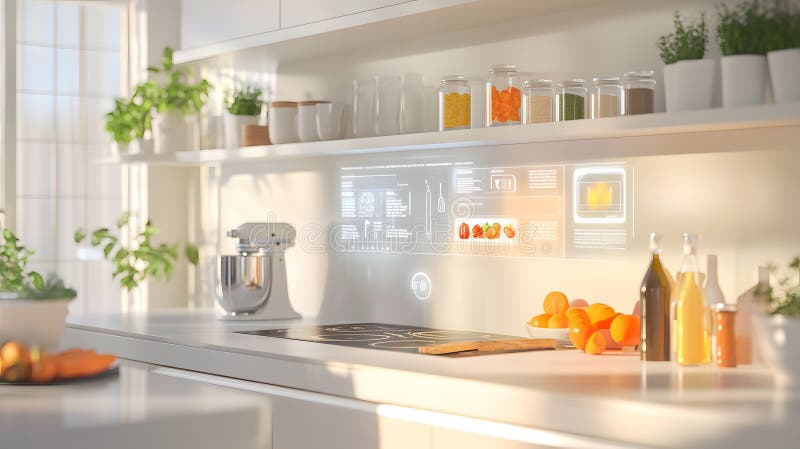 Bright Modern Kitchen with Holographic Cooking Interface Stock ...