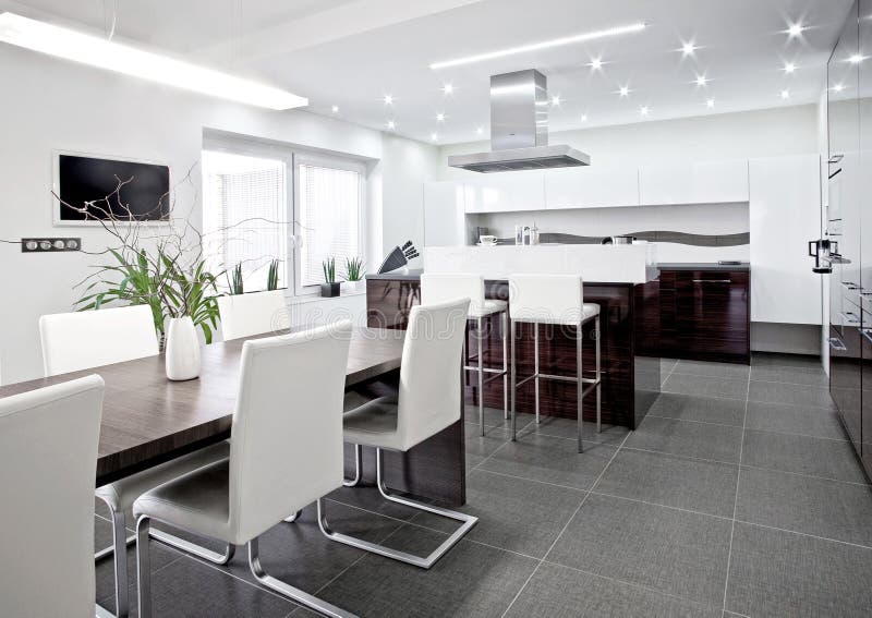 Bright Modern Kitchen Interior Stock Photo - Image of ceiling ...