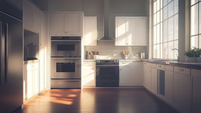 Bright Modern Kitchen Interior with Sunlight Streaming through Windows ...