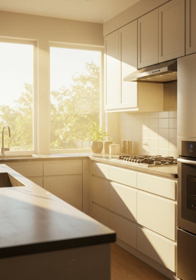 Bright Modern Kitchen Interior with Sunlight and Tree Views Stock ...
