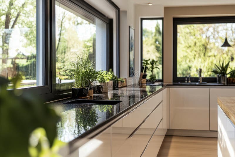 Modern Kitchen with Large Windows and Natural Light Stock Illustration ...