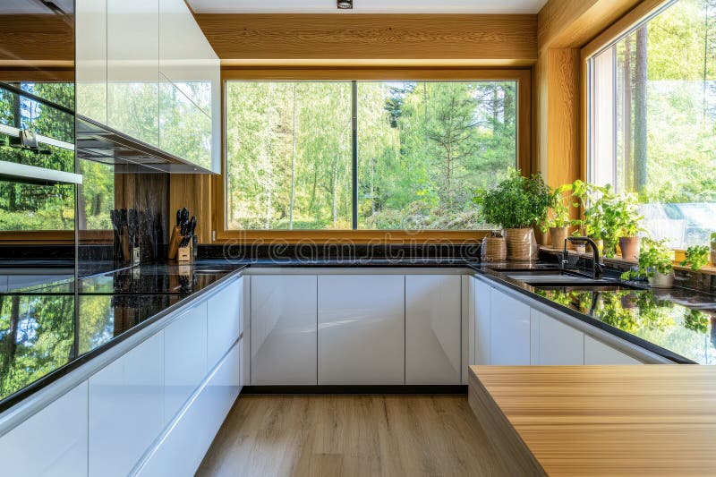 Modern Kitchen with Large Windows and Natural Light Stock Illustration ...