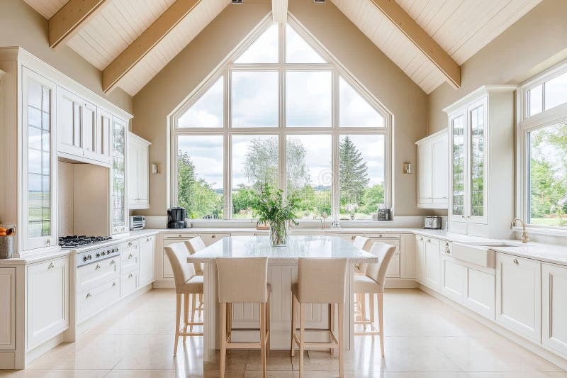 Bright, Modern Kitchen with Large Windows and a Central Dining Table ...