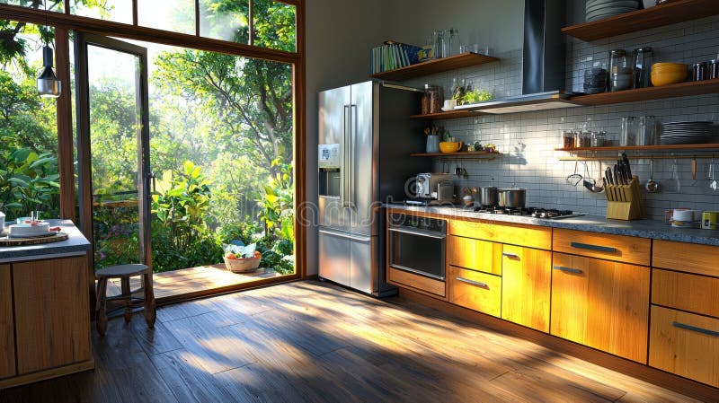 Bright Modern Kitchen with Natural Light and Lush Greenery View from ...
