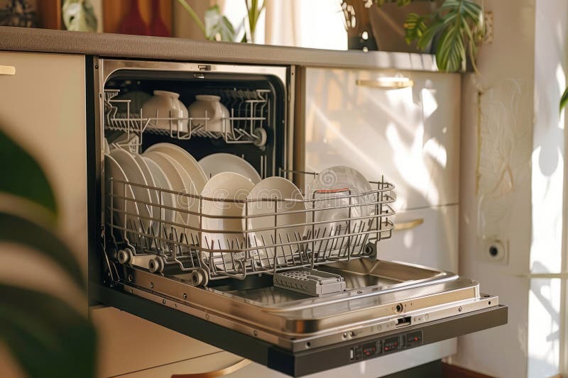 Bright Modern Kitchen with Open Dishwasher Full of Plates. Generative ...