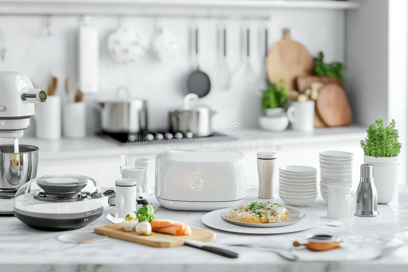 Bright and Modern Kitchen Setup with Prepared Meal and Cooking Utensils ...