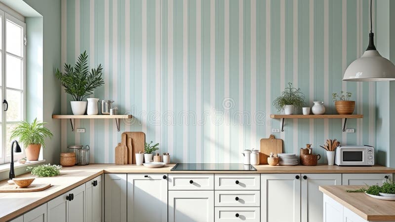 Bright Modern Kitchen with Striped Walls and Wooden Accents Stock Image ...