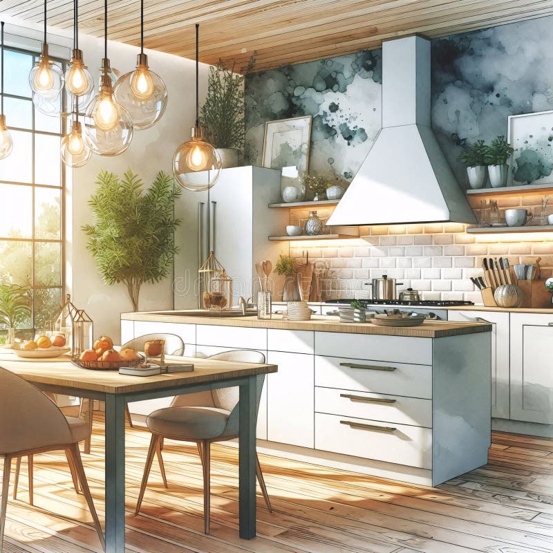 Bright, Modern Kitchen with White Cabinets, Island, and Dining Table ...