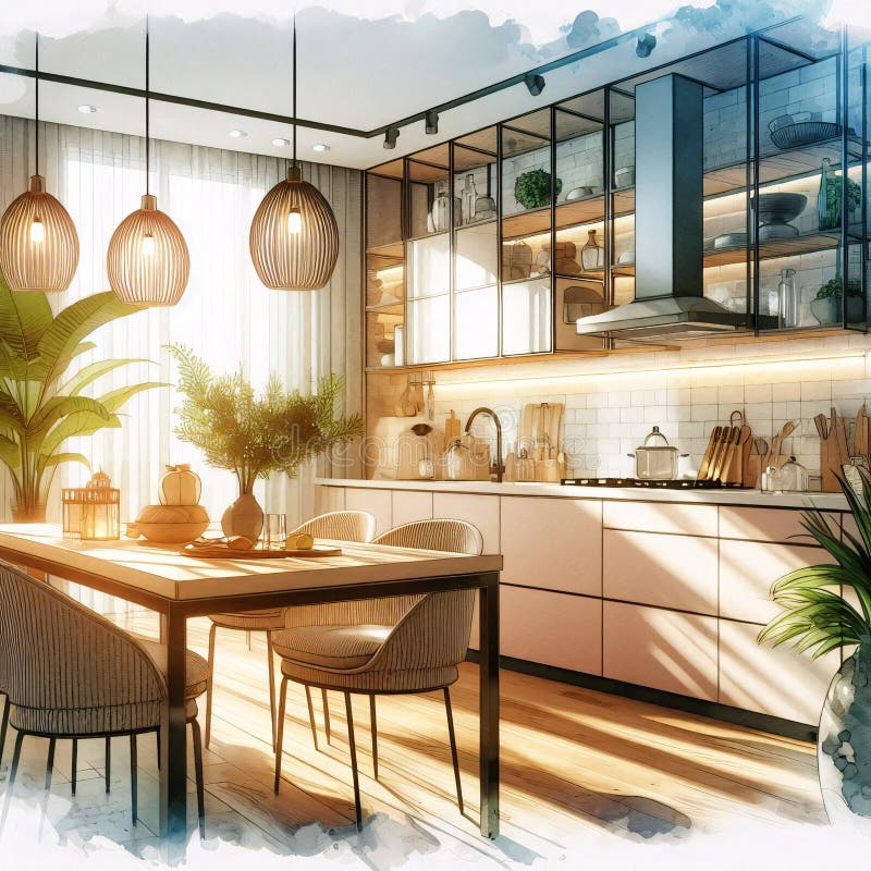 Bright, Modern Kitchen with White Cabinets, Island, and Dining Table ...