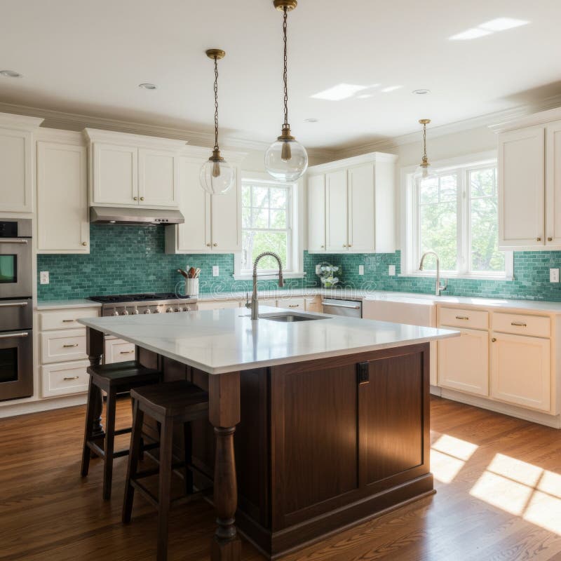 Bright Modern Kitchen with White Cabinets and Teal Tile Backsplash ...