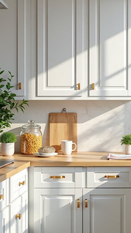 Bright Modern Kitchen White Cabinets Wooden Countertops Sunlit Space ...