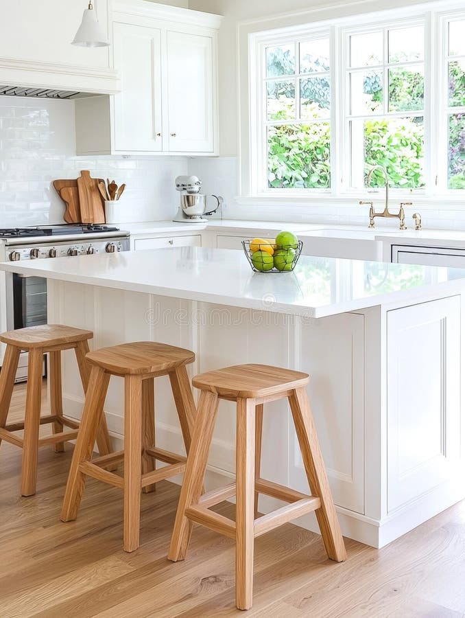 Bright Modern Kitchen with White Island, Wooden Stools, and Natural ...