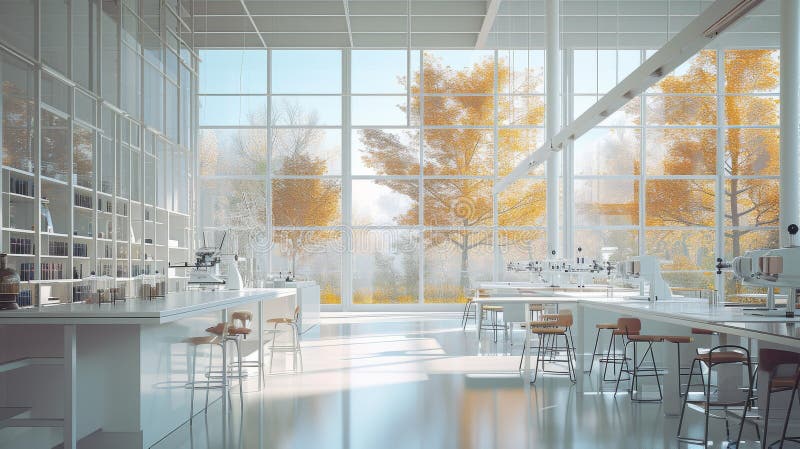 Bright Laboratory with Autumn Foliage View through Large Windows Stock ...