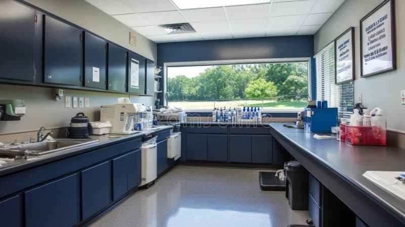 Bright Modern Laboratory Interior with Blue Countertops and Green View ...