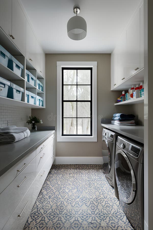 Bright and Organized Modern Laundry Room with Sleek Design Stock ...