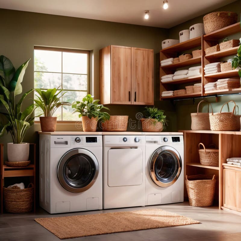 A Bright, Modern Laundry Room Featuring a Pair of Front-loading Washing ...