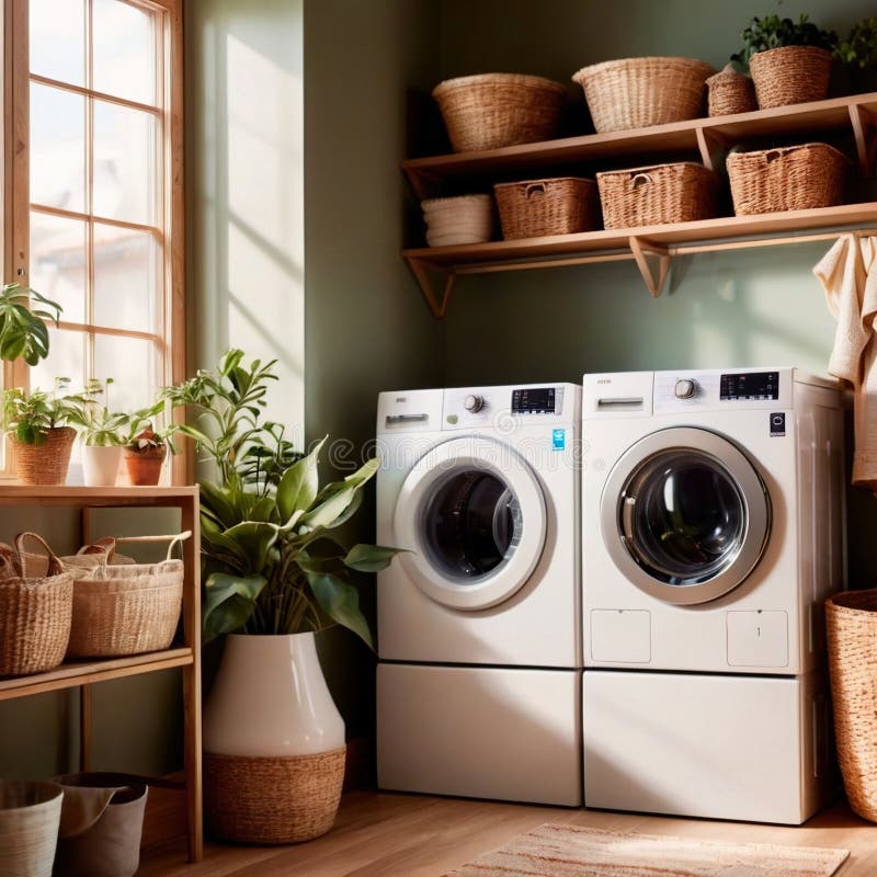 A Bright, Modern Laundry Room Featuring a Pair of Front-loading Washing ...