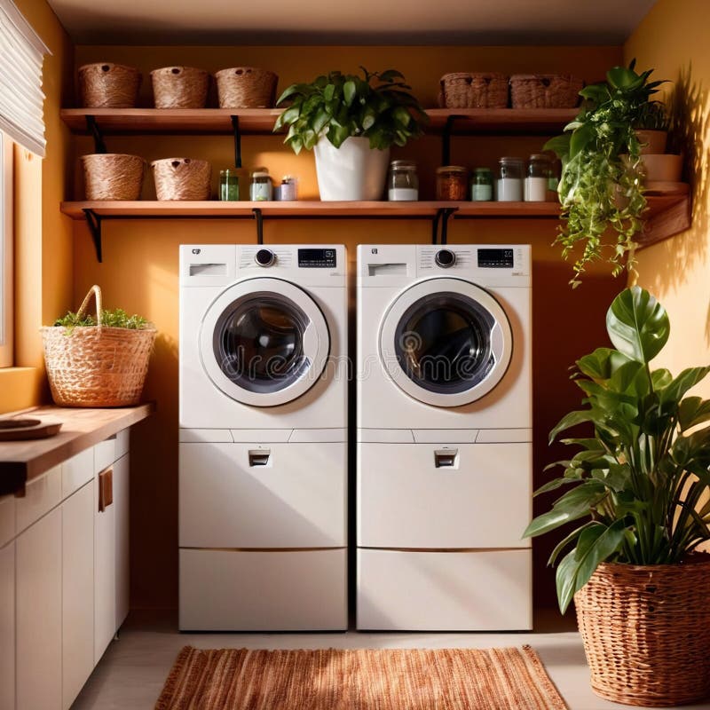 A Bright, Modern Laundry Room Featuring a Pair of Front-loading Washing ...