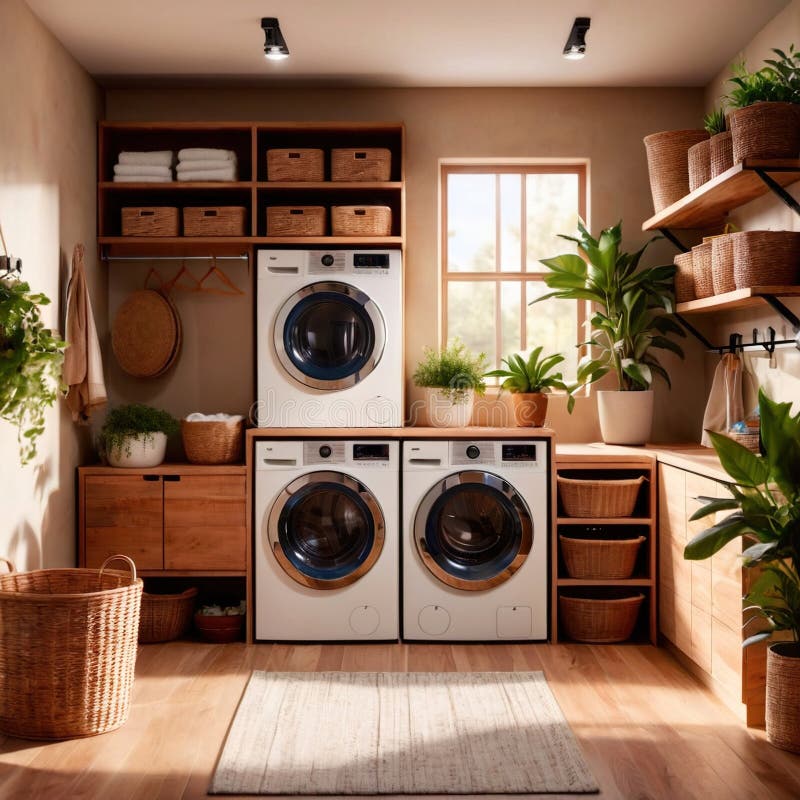 A Bright, Modern Laundry Room Featuring a Pair of Front-loading Washing ...