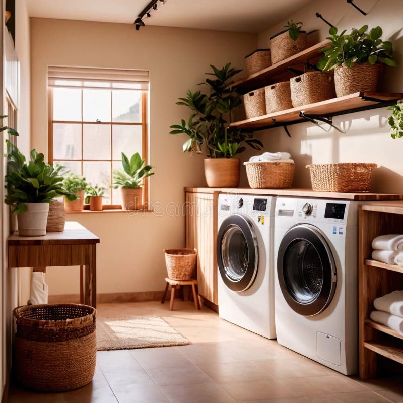A Bright, Modern Laundry Room Featuring a Pair of Front-loading Washing ...
