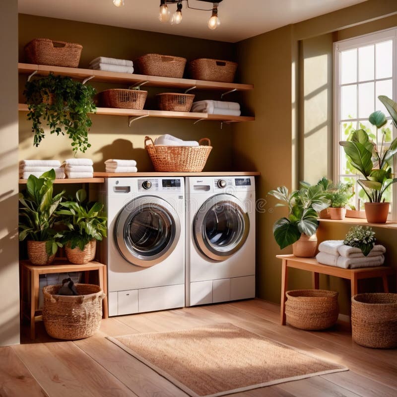A Bright, Modern Laundry Room Featuring a Pair of Front-loading Washing ...