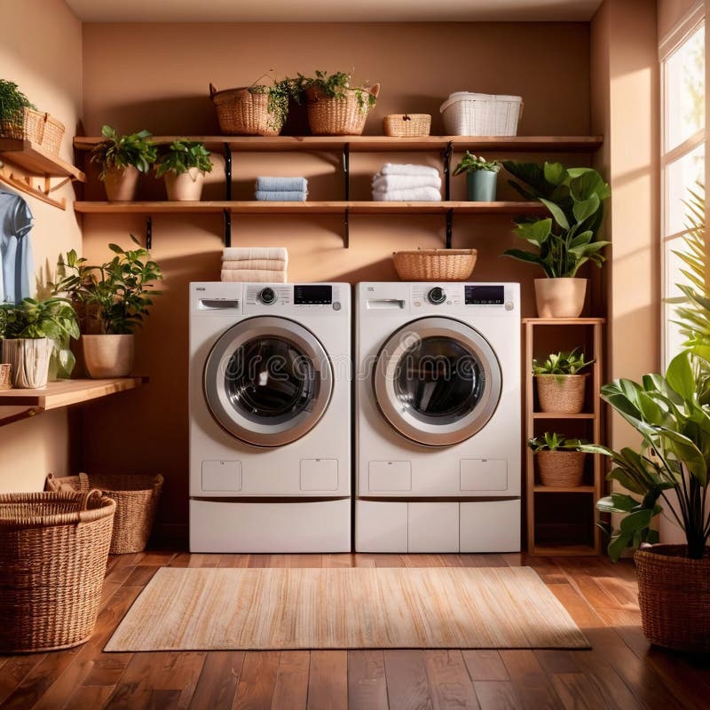 A Bright, Modern Laundry Room Featuring a Pair of Front-loading Washing ...