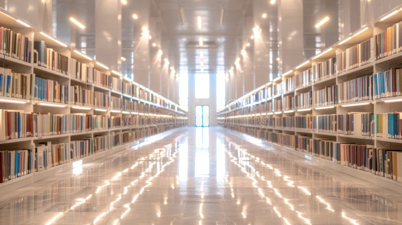 Bright Modern Library Aisle with Bookshelves Stock Illustration ...