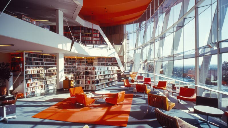 Modern Library with Colorful Ceilings, Large Windows, Natural Light ...