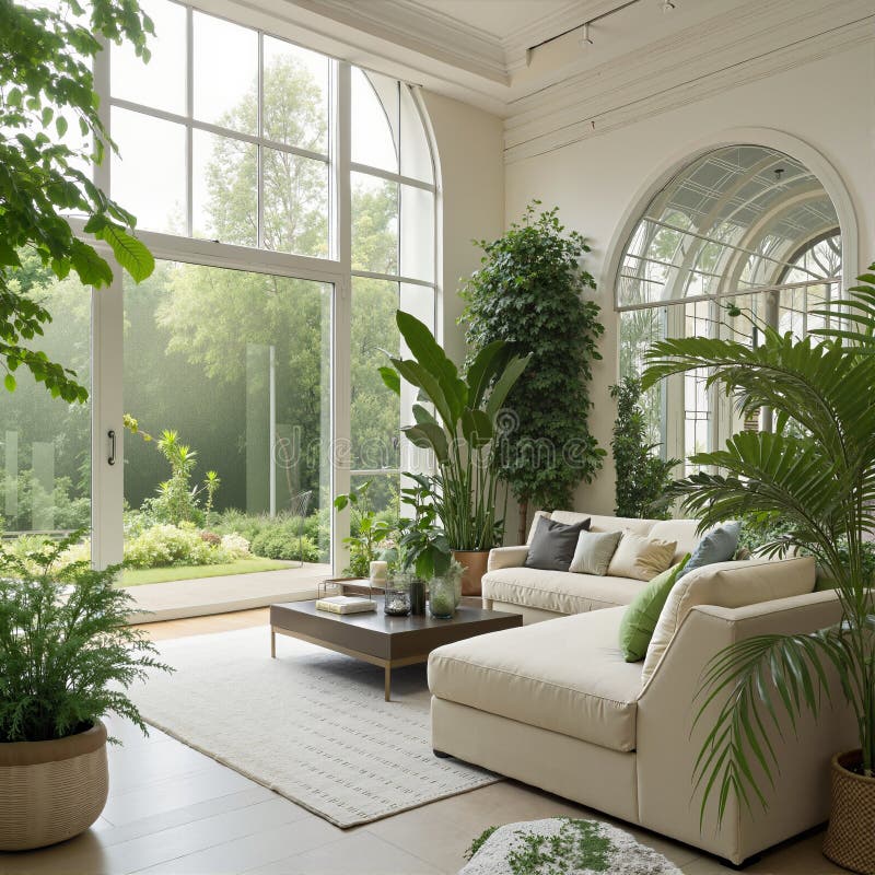 A Bright, Modern Living Room with Large Windows, Lush Greenery Stock ...
