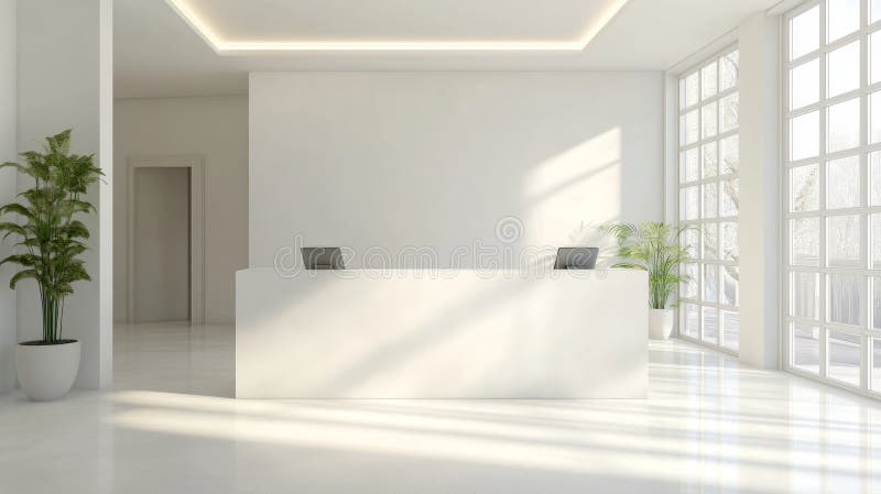 Bright Modern Lobby with White Reception Green Plants Expansive Windows ...