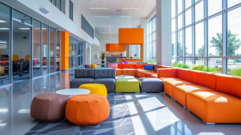 Bright and Modern Lounge Area Featuring Colorful Seating and Large ...