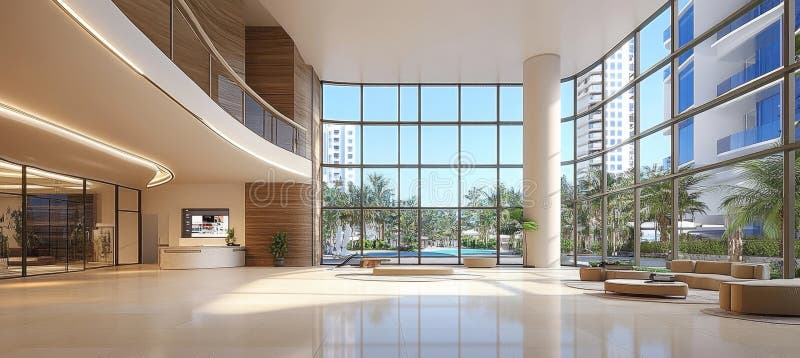 Bright and Modern Luxury Hotel Lobby Interior with a Large Panoramic ...