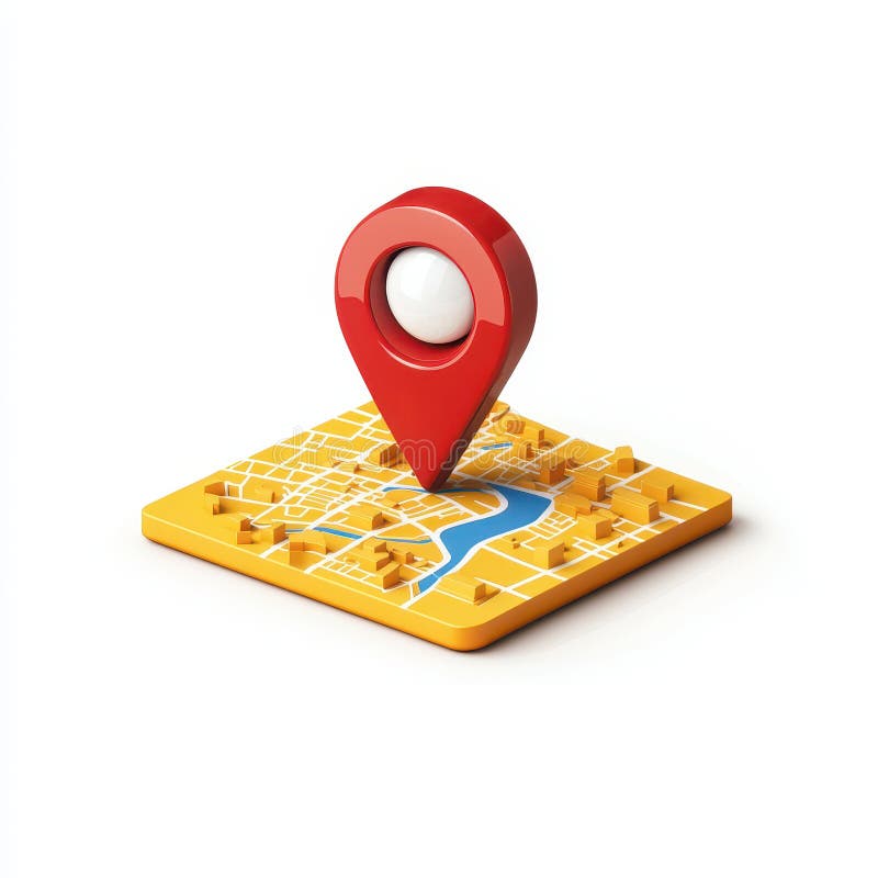 Bright and Modern Map Pin Icon on a 3D Yellow Map Tile with River ...