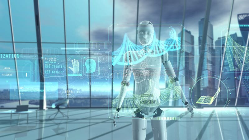 Android Works on a Holographic Panel with DNA. 3D Render Stock Video ...