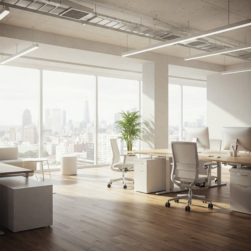 Bright Modern Office with City Skyline View Stock Photo - Image of ...