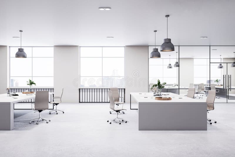Bright and Office Environment with White Desks and Open Space. Design ...