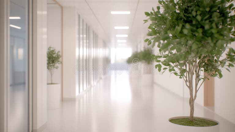 Bright Modern Office Hallway with Greenery and Natural Light Stock ...