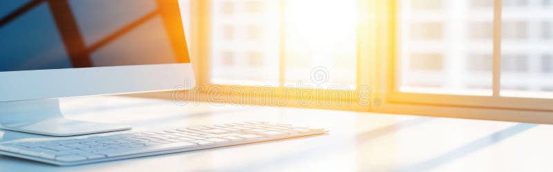 Bright and Modern Office Interior with Desk, Computer Monitors, and ...