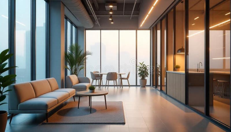 Modern Office Interior with Lounge, Dining, and Kitchen Areas Stock ...