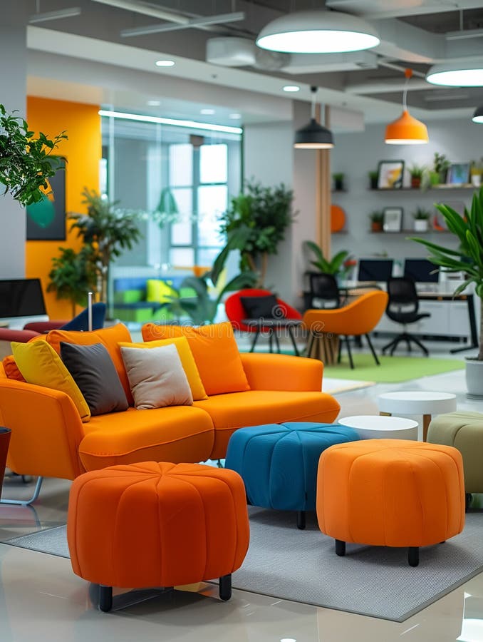 Bright and Modern Office Interior Featuring Orange Sofa, Colorful Poufs ...
