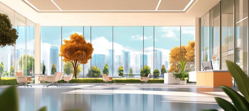 Bright, Modern Office Interior with Plants, City Views. Open, Spacious ...