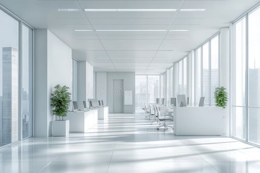 A Bright and Modern Office Space with Desks in Rows, Large Windows, and ...