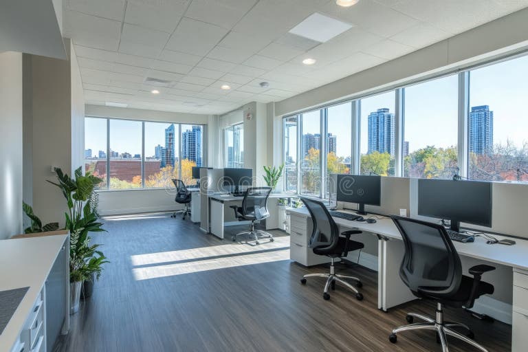 A Bright and Modern Office Space with Desks in Rows, Large Windows, and ...