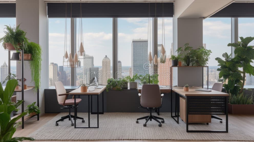A Bright, Modern Office Space Features Two Workstations,generativeAi ...