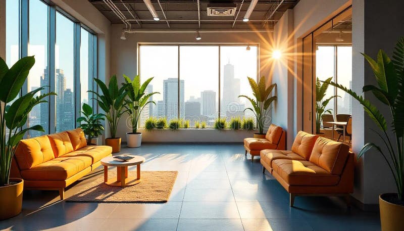 Modern Office Waiting Area with City View and Sunlight Stock ...