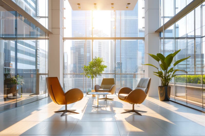 Bright and Modern Office Space with Large Glass Windows and Plants ...