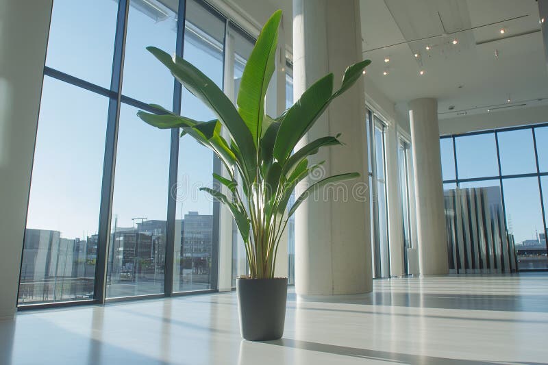 Bright Modern Office Space with Large Windows and Indoor Green Plant ...